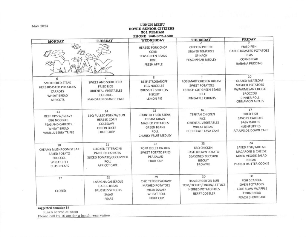 Current Month Lunch Menu – Bowie Senior Citizens Project