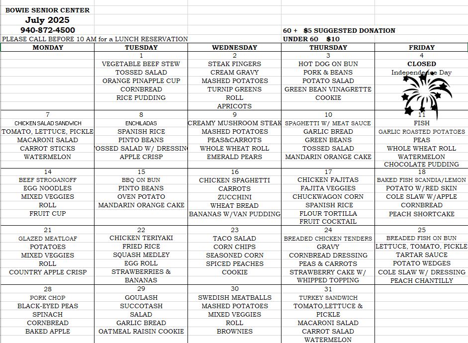 Current Month Lunch Menu – Bowie Senior Citizens Project